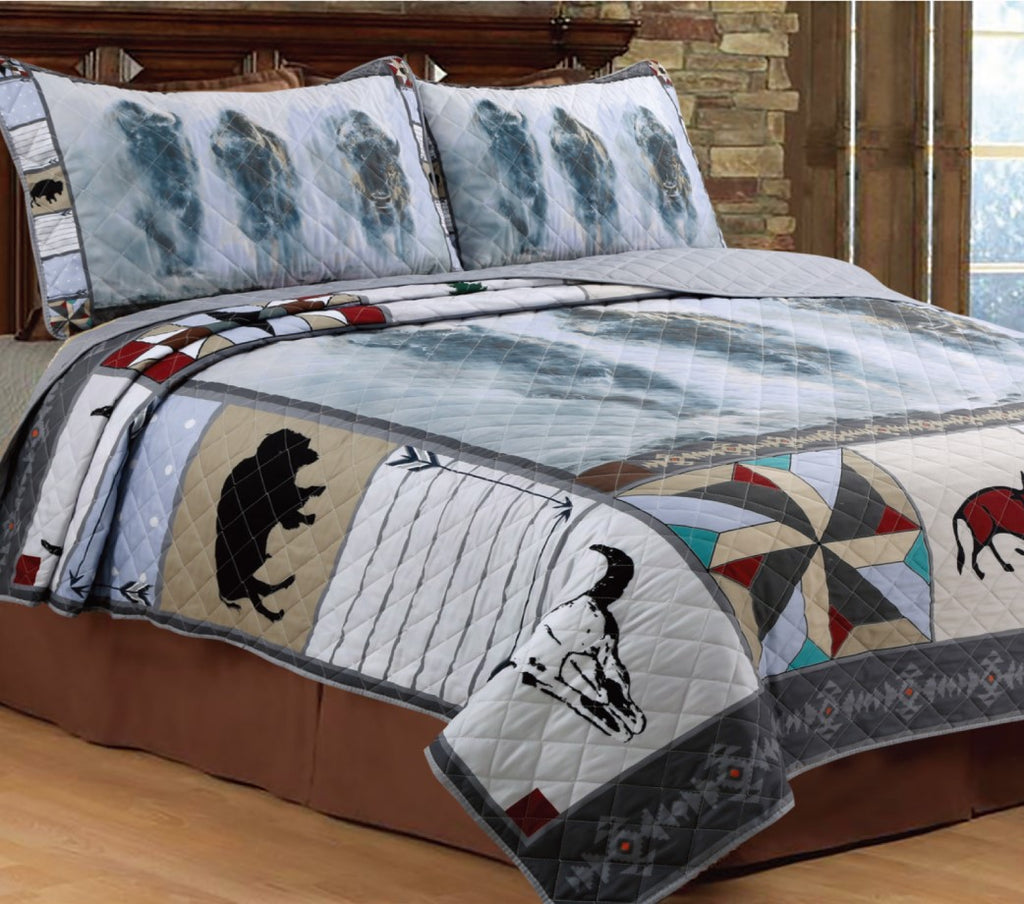 Western Bison Buffalo Rustic Bed Quilt Set w/ 2 Shams – James Corwin ...